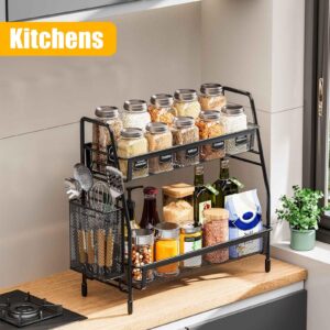 Famhap Bathroom Counter Organizer, Bathroom Organizer Countertop with Side Basket, Kitchen Countertop Organizer, Metal Spice Rack Organizer, Black 13.8"x7"x12.6"