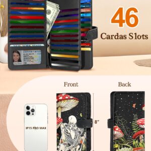 Bistup 【46 Slots Credit Card Holder for Women Ladies Female Teen Girls Rfid Genuine Leather Cardholder Large Capacity Size Big Billfold Wallets Skeleton Mushroom Cute Girly Aesthetic Print Unique