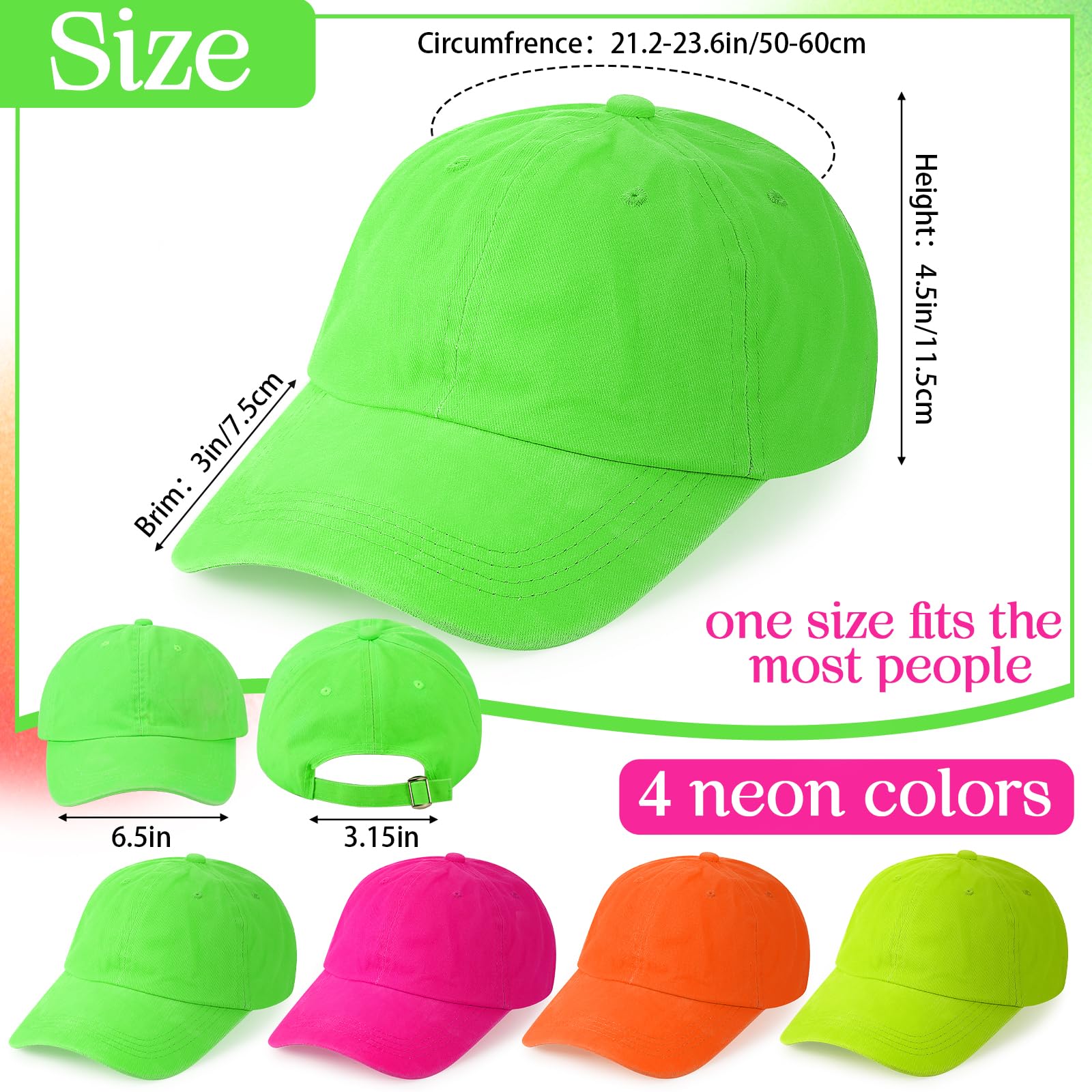 Cozypower 4 Pcs Neon Hats for Women Men Cotton Hat Adjustable Neon Hat for Outdoor Activities Season (Baseball Hat)