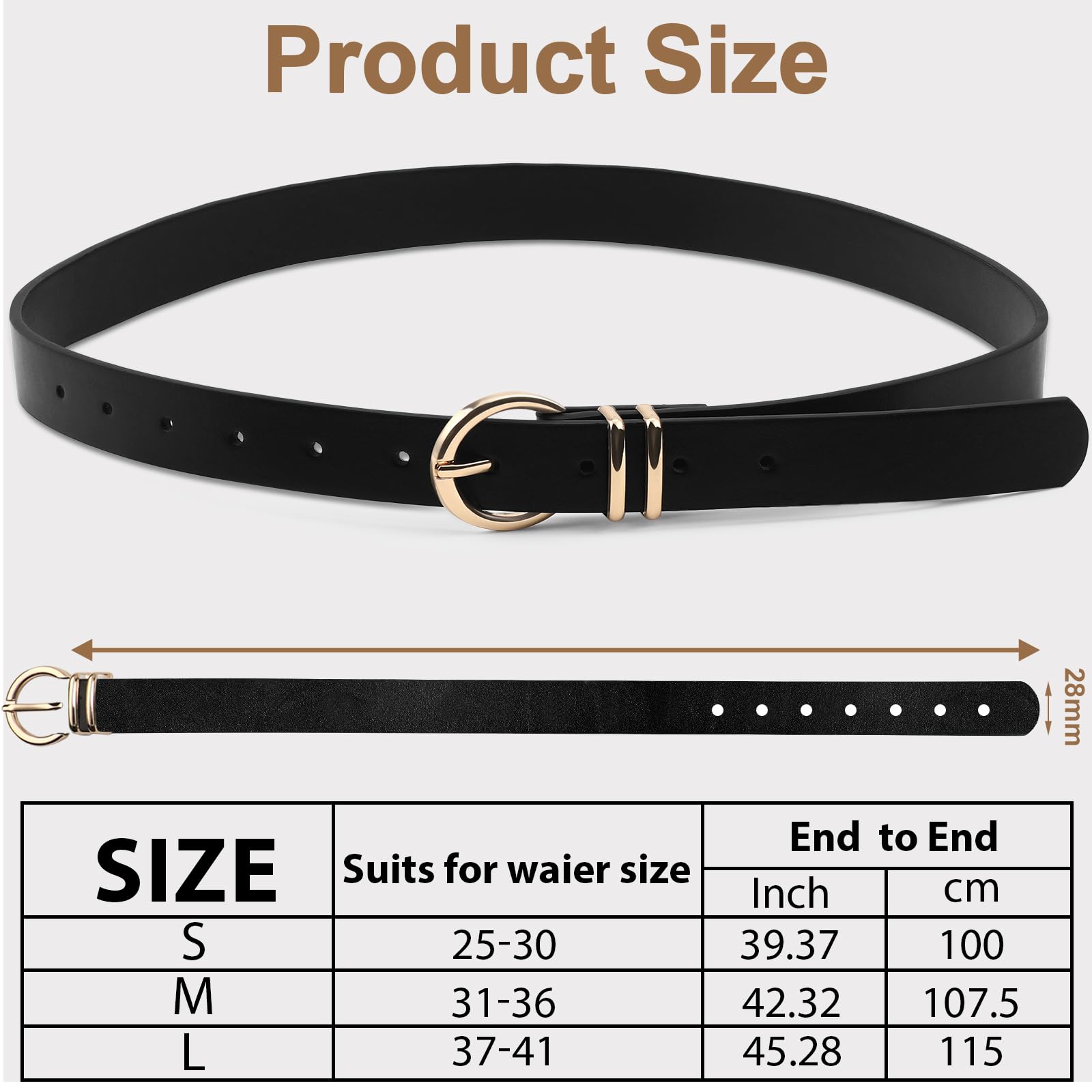 Breathffy 5 Pcs Women Leather Belts for Jeans Pants Dresses Fashion Womens Ladies Belt with Gold Buckle, Small to Plus Size (White+Black+Brown+Khaki+Beige, Size M: Fit Waist Size 31-36 Inches)