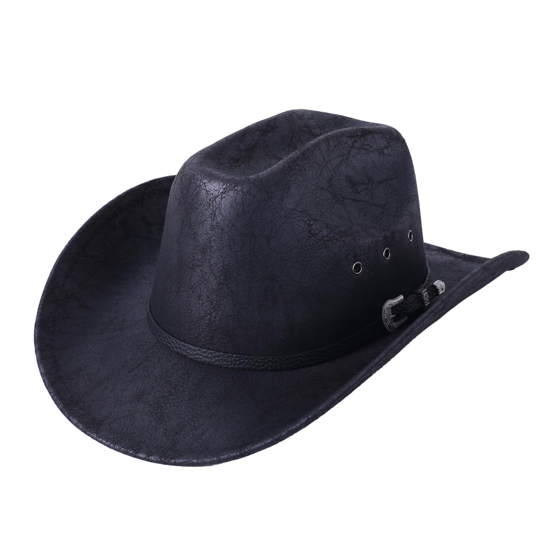 Lanzom Women Men Leather Western Cowgirl hat Cowboy Hat Outdoor Wide Brim Hat with Lanyard (US, Alpha, Medium, Black)