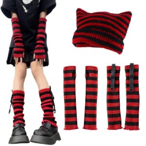 lafaguw 5 pcs y2k beanie hats for women, cute knitted striped arm warmers leg warmers 80s crochet cat ear beanie accessories