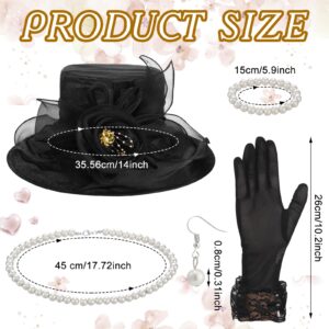 Aurelema 5 Pcs Derby Fascinator Hat for Women Tea Party Hat and Gloves Set Wide Brim Hat Pearl Necklace Bracelet and Earring(Black)