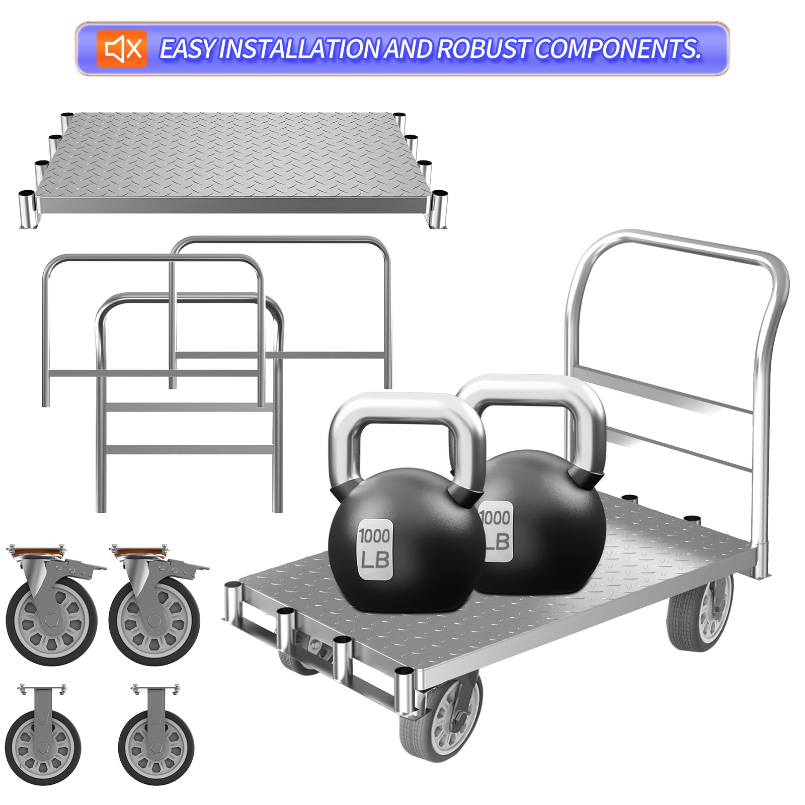 2IN1 Steel Panel Truck Cart,2500LBS 36" x 24" Heavy Duty Flatbed Cart,Platform Truck,Drywall Dolly Cart,Hand Truck Flat Cart with 6" Wheels,2MM Plate Lumber Push Cart with 1Front and 2 Side Handrails