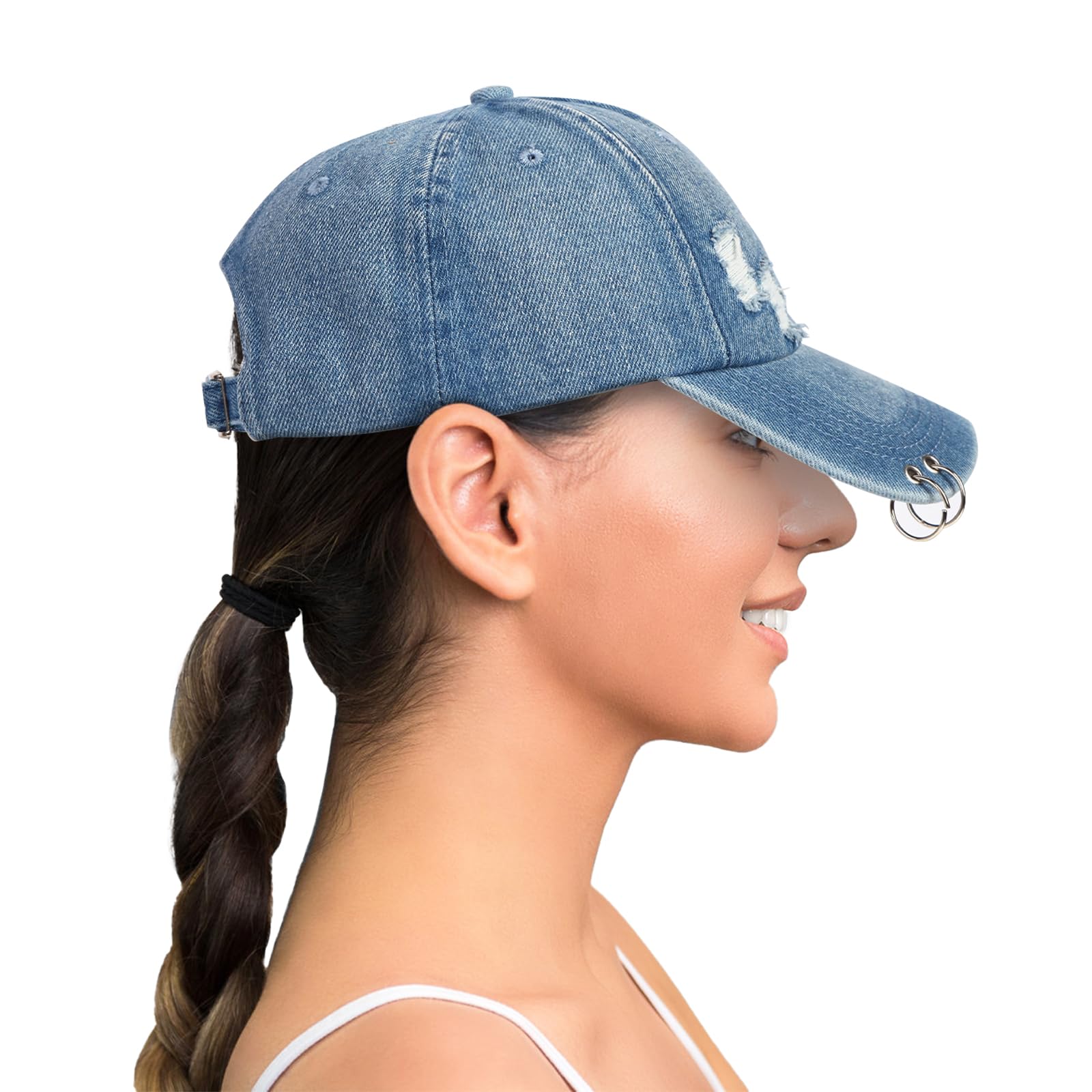 Vintage Distressed Jean Hat, Light Acid Washed Denim, Ripped Baseball Cap, Adjustable Clip for Universal Fit