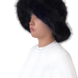 Lina & Lily Oversized Winter Faux Fur Bucket Hat for Women - Long Pile Fur Wide Moldable Brim (Black)