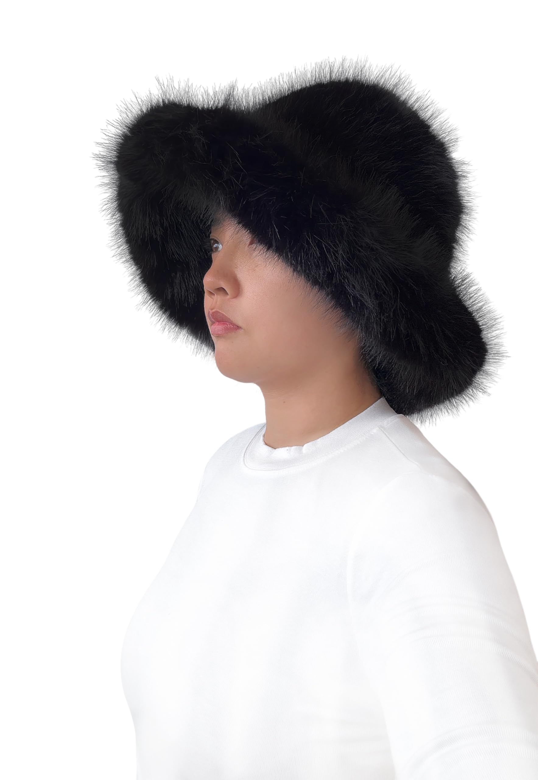 Lina & Lily Oversized Winter Faux Fur Bucket Hat for Women - Long Pile Fur Wide Moldable Brim (Black)