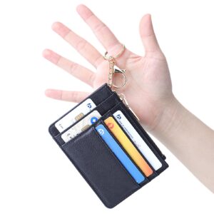 Teskyer Slim Wallet for Women, RFID Blocking Credit Card Holder Wallet with Zipper Pocket and Easy to Attach Keychain - Lichee Black