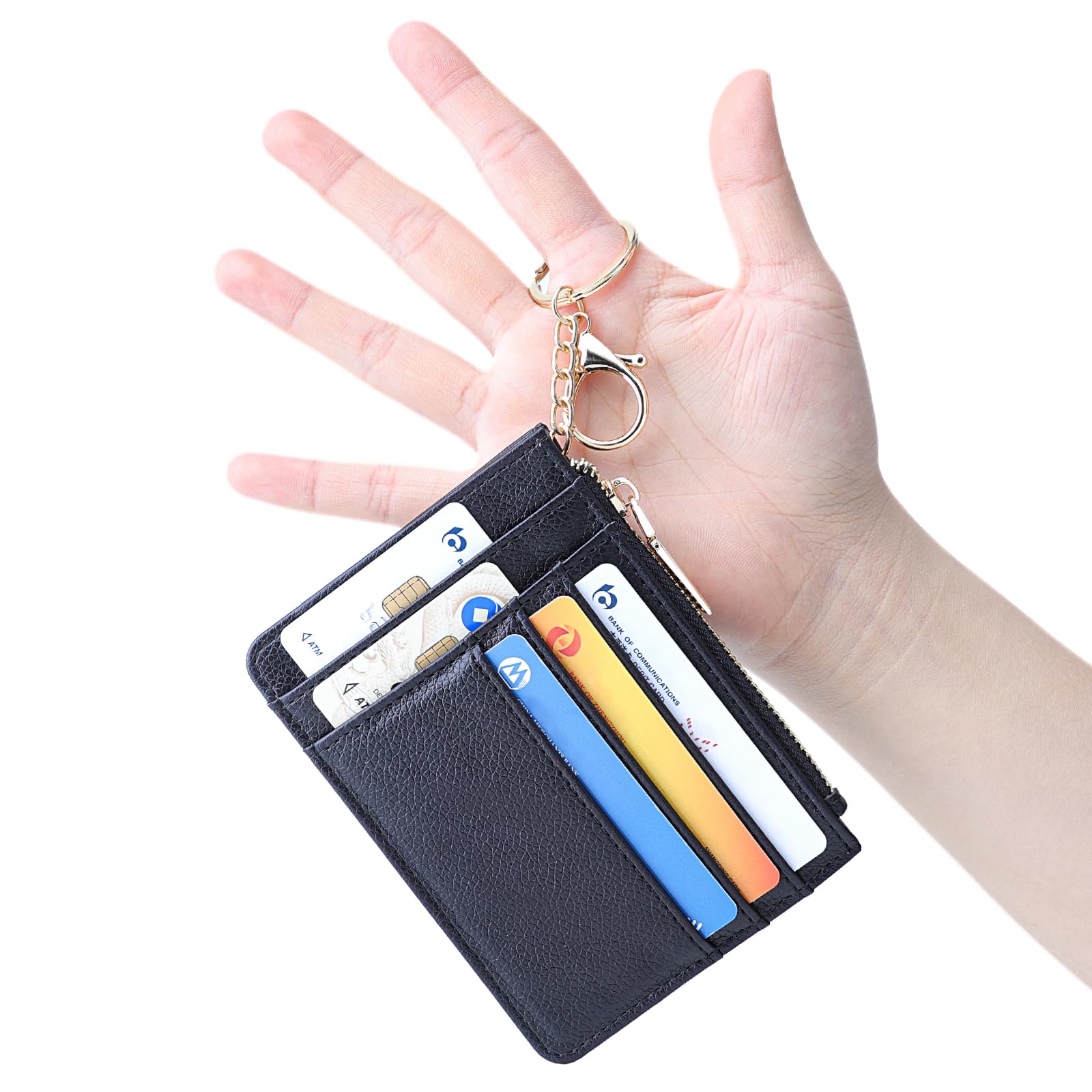 Teskyer Slim Wallet for Women, RFID Blocking Credit Card Holder Wallet with Zipper Pocket and Easy to Attach Keychain - Lichee Black