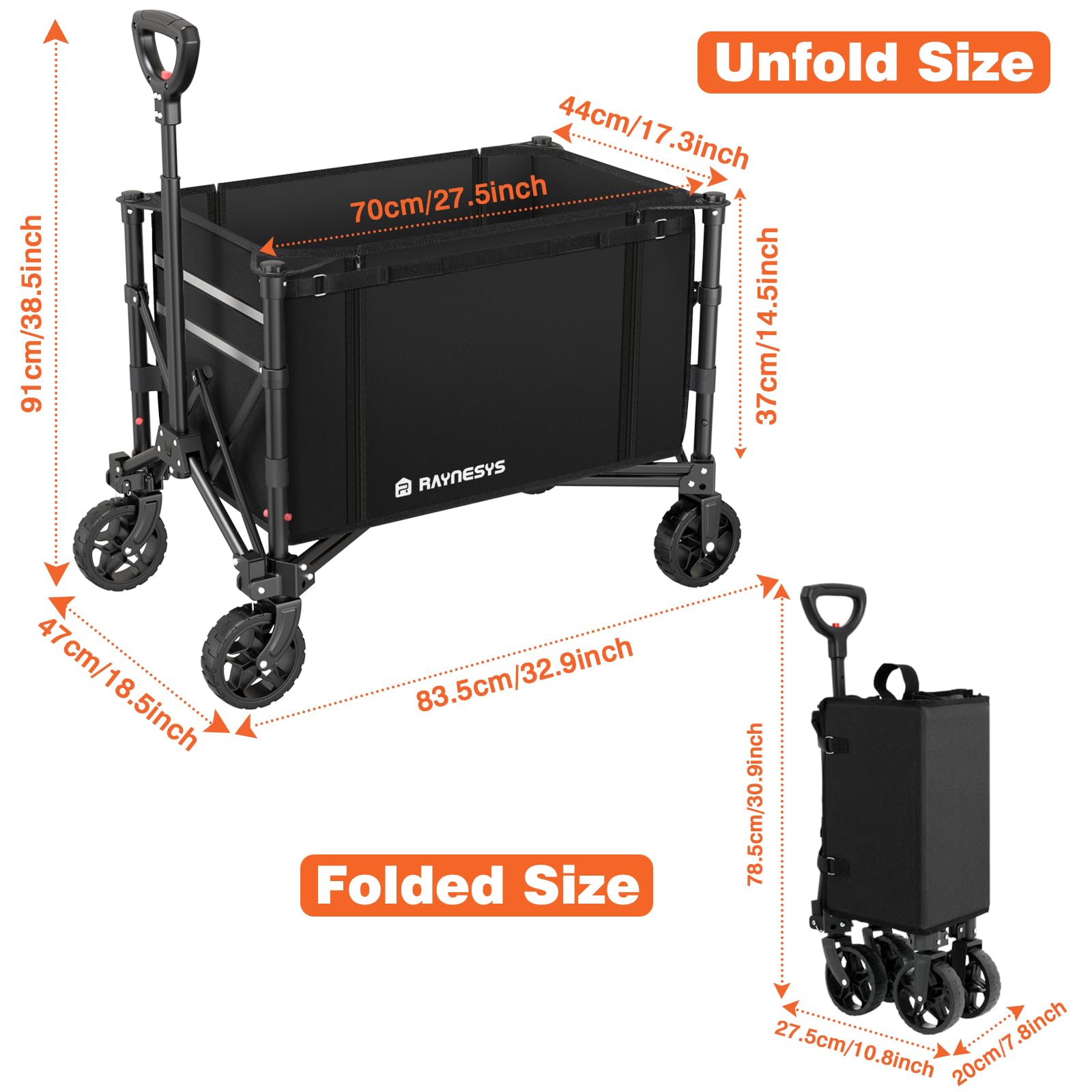 Raynesys 3 in 1 Collapsible Wagon Converts to Bench, 220lbs Foldable Wagon Cart with Wheels, 120L Shopping Cart for Groceries Folding Utility Wagon for Beach, Garden, Camping, Sport, Black