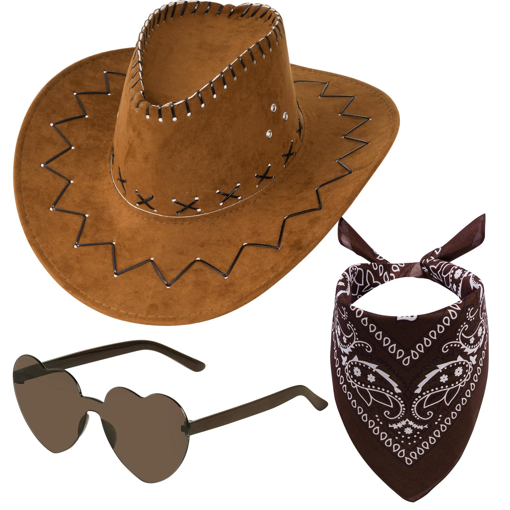 choyaxo Western Cowboy Costume Set Including Cowgirl Hat Heart Shaped Sunglasses and Bandana for Halloween，