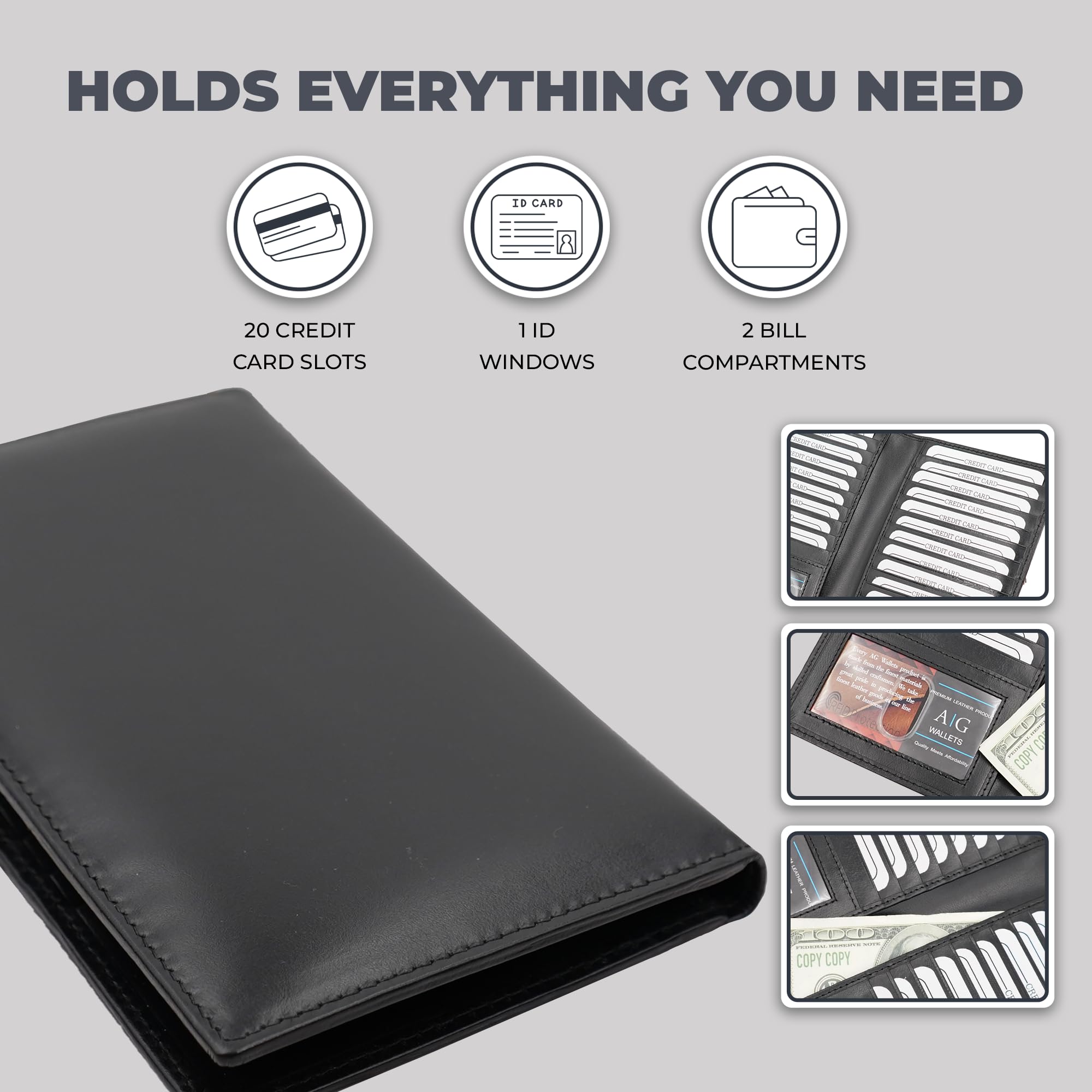 AG Wallets Leather Wallet for Men & Women - Secure RFID Wallet with Space for 20 Credit Cards, 1 ID & Cash - Cowhide Leather Wallet - Slim Bifold Wallet - Long Wallet for Casual or Office - Black