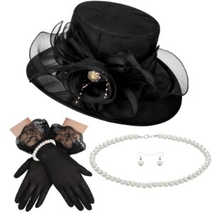 aurelema 5 pcs derby fascinator hat for women tea party hat and gloves set wide brim hat pearl necklace bracelet and earring(black)