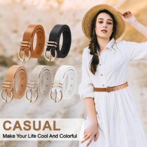 Breathffy 5 Pcs Women Leather Belts for Jeans Pants Dresses Fashion Womens Ladies Belt with Gold Buckle, Small to Plus Size (White+Black+Brown+Khaki+Beige, Size M: Fit Waist Size 31-36 Inches)