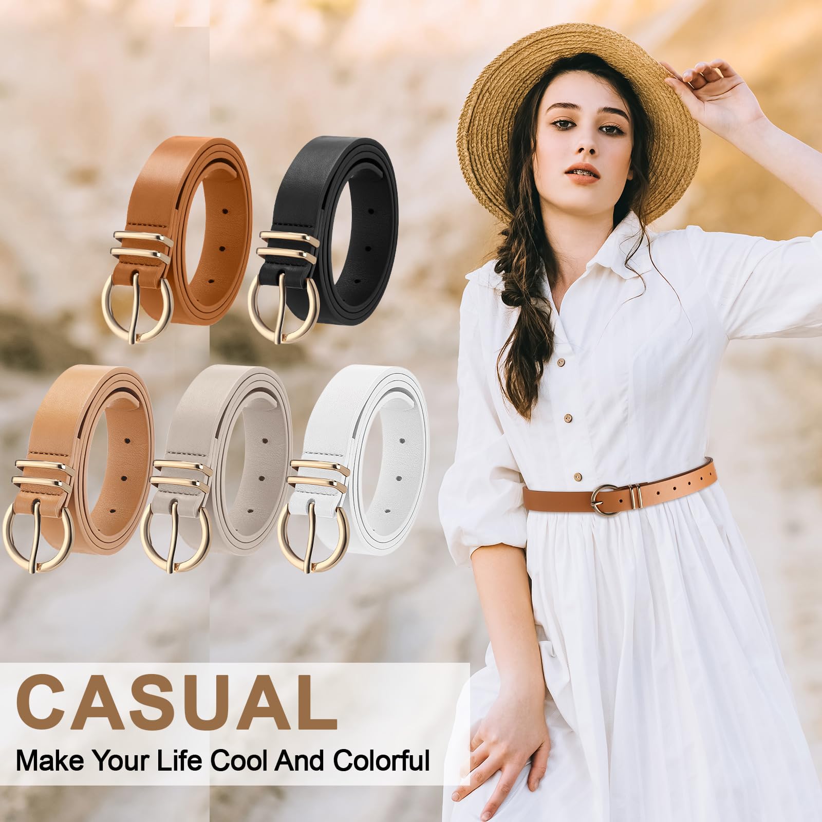 Breathffy 5 Pcs Women Leather Belts for Jeans Pants Dresses Fashion Womens Ladies Belt with Gold Buckle, Small to Plus Size (White+Black+Brown+Khaki+Beige, Size M: Fit Waist Size 31-36 Inches)