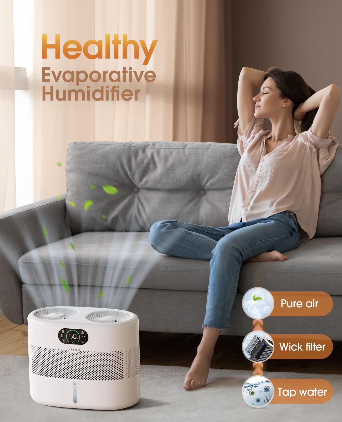 Reuseable Wick Evaporative Humidifier for Bedroom Quiet Healthy Baby Humidifier, No White Dust, Evaporative Humidifier Large Room 800ml/h 3 Speeds, 2 Gal, Timing, Auto Shut off