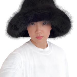 Lina & Lily Oversized Winter Faux Fur Bucket Hat for Women - Long Pile Fur Wide Moldable Brim (Black)