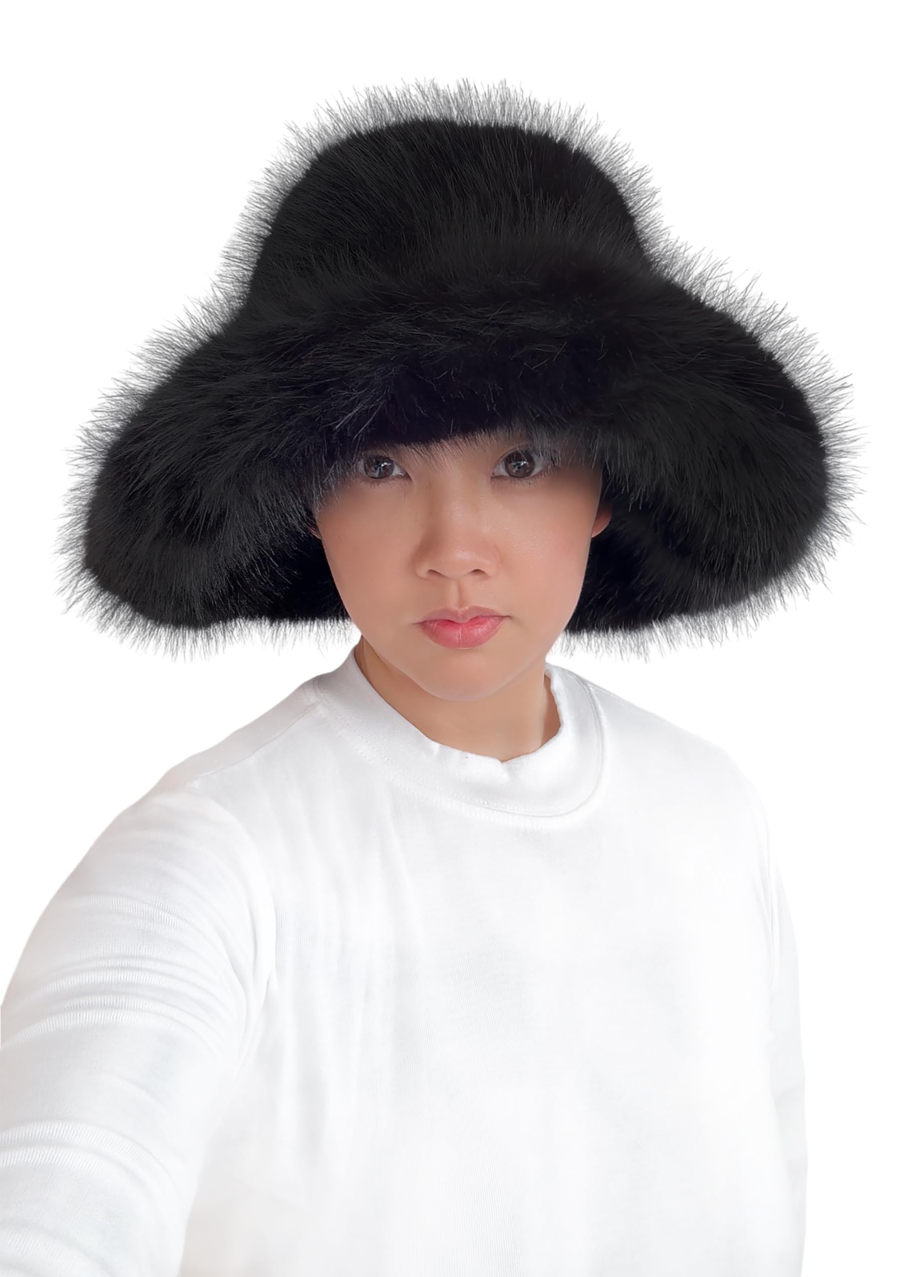 Lina & Lily Oversized Winter Faux Fur Bucket Hat for Women - Long Pile Fur Wide Moldable Brim (Black)