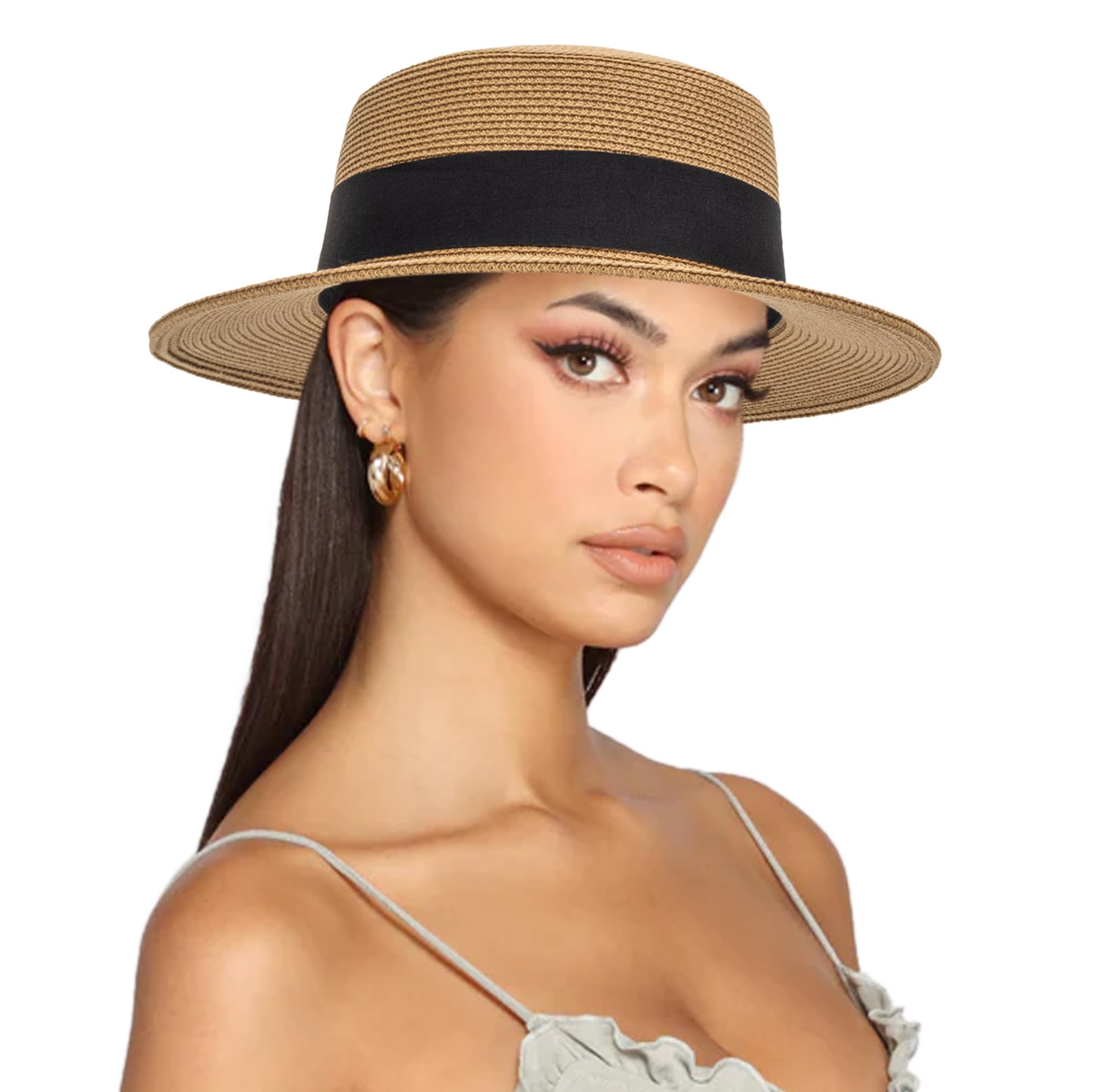 Straw Boater Summer Sun Hat - Wide Brim Fedora Panama Summer Beach Hat for Men Women(Size:Large)