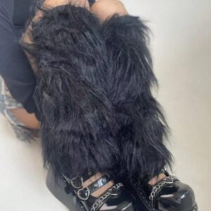 Verdusa Women's Fur Leg Warmers Furry Fuzzy Y2K Long Boot Cuff Covers Black A One-Size