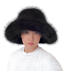 lina & lily oversized winter faux fur bucket hat for women - long pile fur wide moldable brim (black)