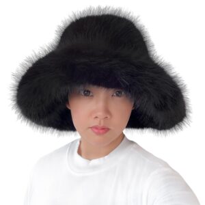 Lina & Lily Oversized Winter Faux Fur Bucket Hat for Women - Long Pile Fur Wide Moldable Brim (Black)