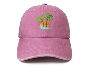 hepandy embroidered palm tree hat for women, washed pink baseball cap snapback hat for girls, outdoor travel denim dad hat trucker hat