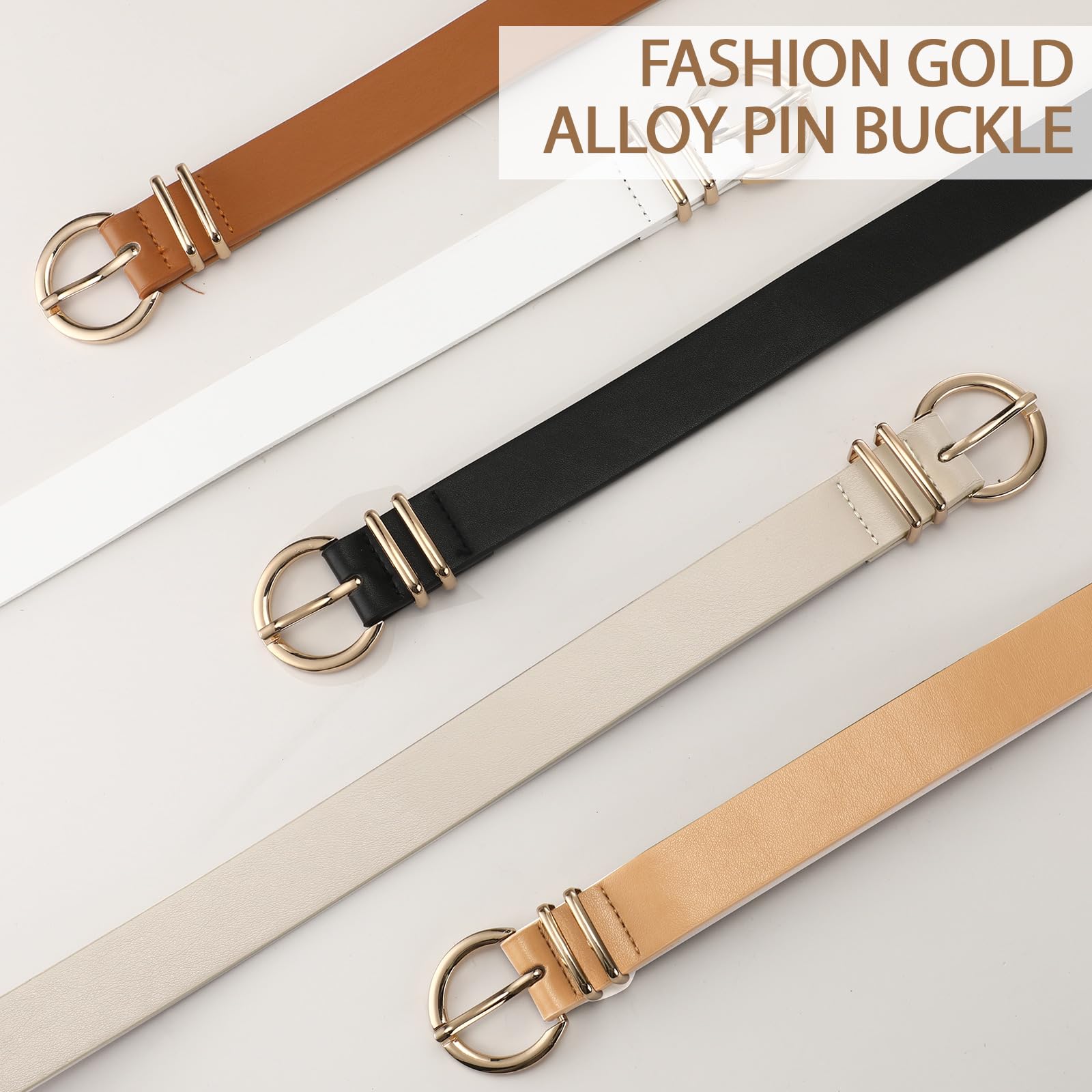 Breathffy 5 Pcs Women Leather Belts for Jeans Pants Dresses Fashion Womens Ladies Belt with Gold Buckle, Small to Plus Size (White+Black+Brown+Khaki+Beige, Size M: Fit Waist Size 31-36 Inches)