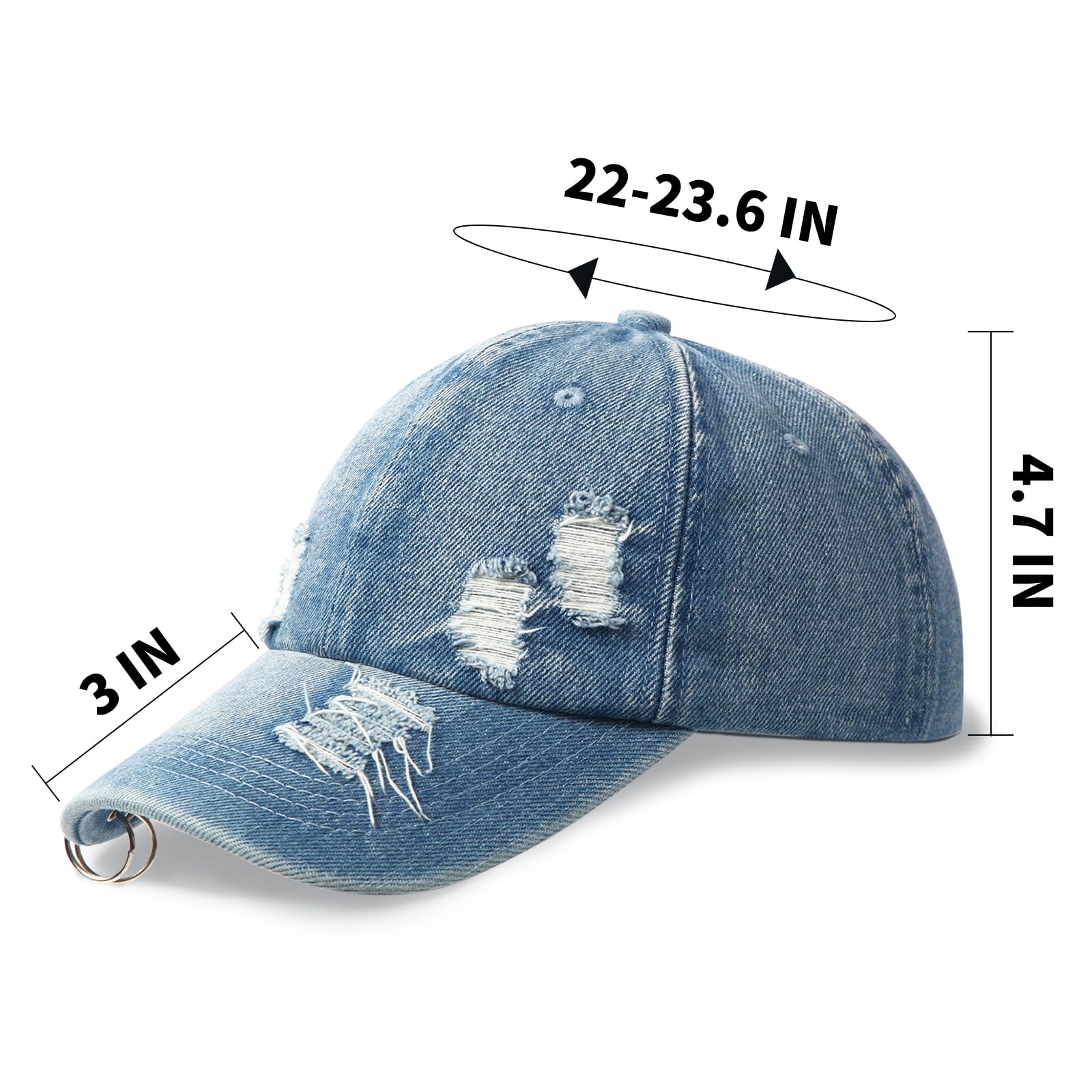 Vintage Distressed Jean Hat, Light Acid Washed Denim, Ripped Baseball Cap, Adjustable Clip for Universal Fit