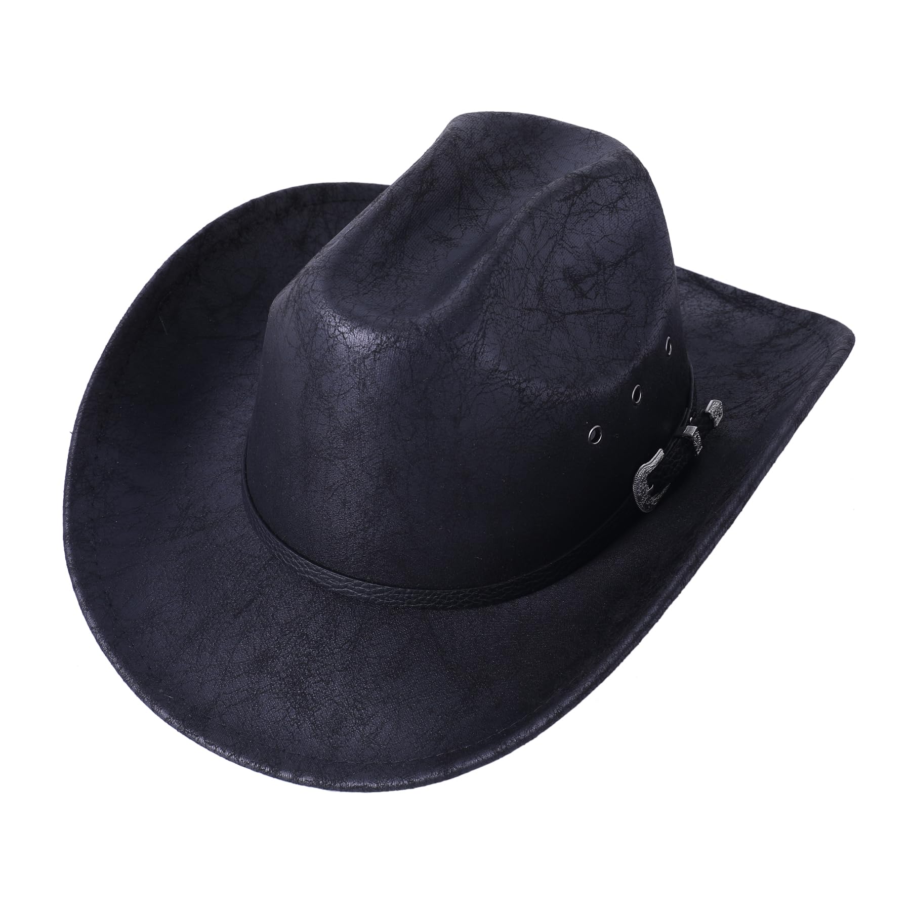 Lanzom Women Men Leather Western Cowgirl hat Cowboy Hat Outdoor Wide Brim Hat with Lanyard (US, Alpha, Medium, Black)