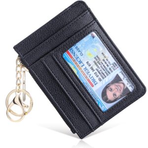 teskyer slim wallet for women, rfid blocking credit card holder wallet with zipper pocket and easy to attach keychain - lichee black