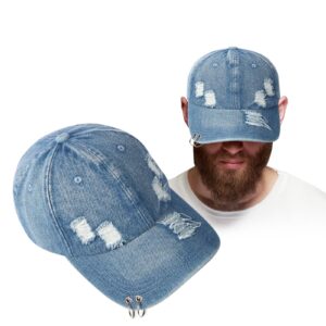 Vintage Distressed Jean Hat, Light Acid Washed Denim, Ripped Baseball Cap, Adjustable Clip for Universal Fit