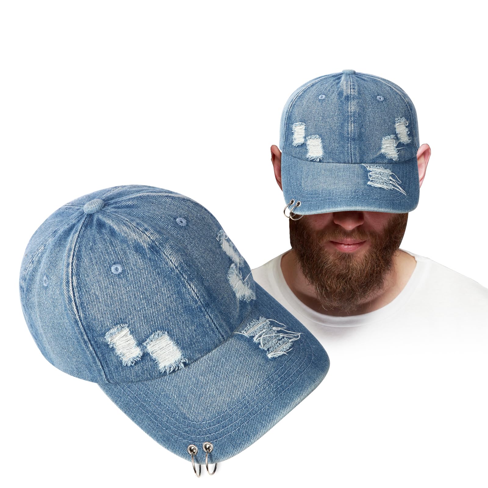 Vintage Distressed Jean Hat, Light Acid Washed Denim, Ripped Baseball Cap, Adjustable Clip for Universal Fit