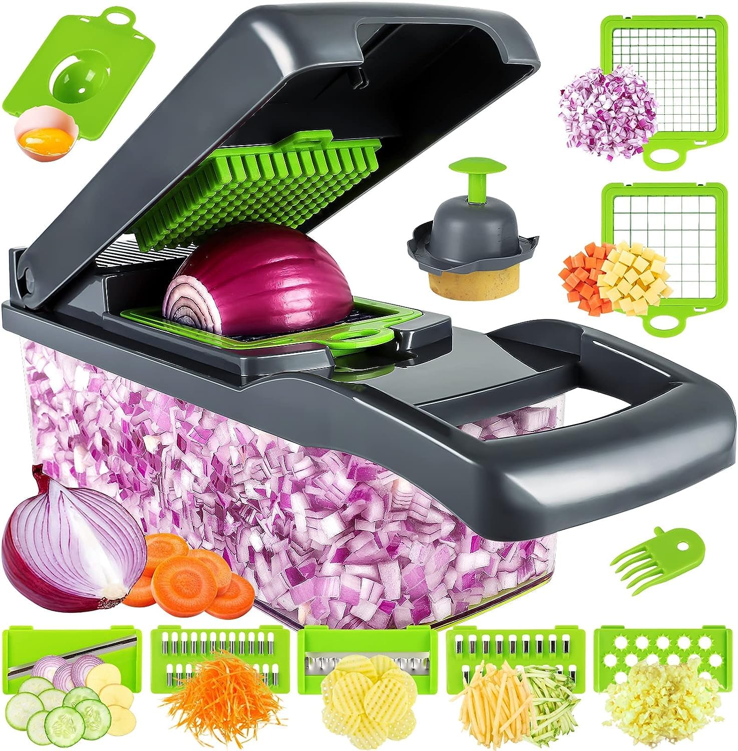 16-in-1 Vegetable Chopper, 8 Blades Veggie Chopper, Practical Onion Chopper with Container, Cheese Slicer, Food Chopper, Salad Chopper, Mandoline Slicer & Cheese Grater For Kitchen(Grey)