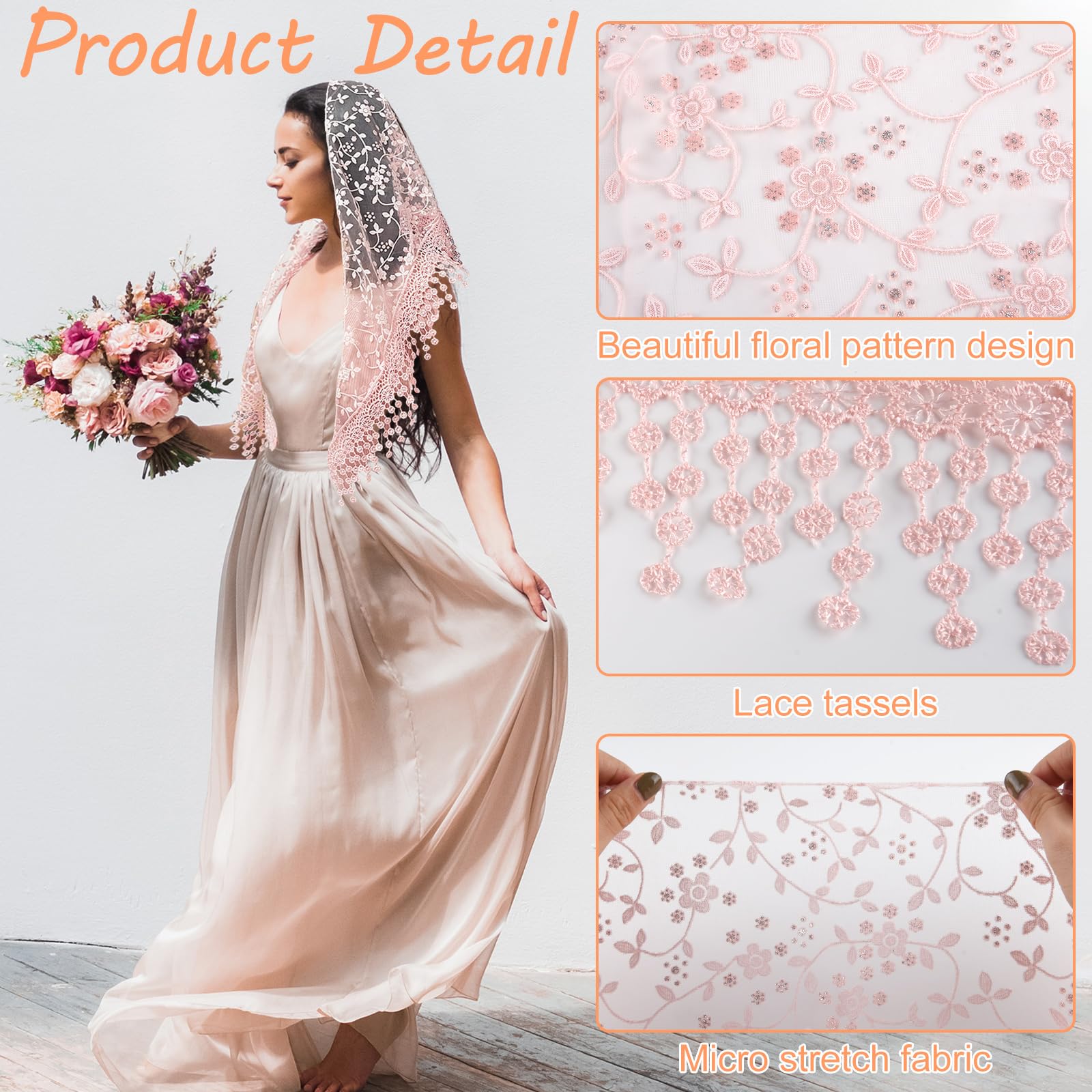 8 Pcs Triangle Lace Mantilla Veil Cathedral Head Covering Church Veil Floral with Tassel Chapel Veil for Women