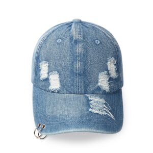 Vintage Distressed Jean Hat, Light Acid Washed Denim, Ripped Baseball Cap, Adjustable Clip for Universal Fit