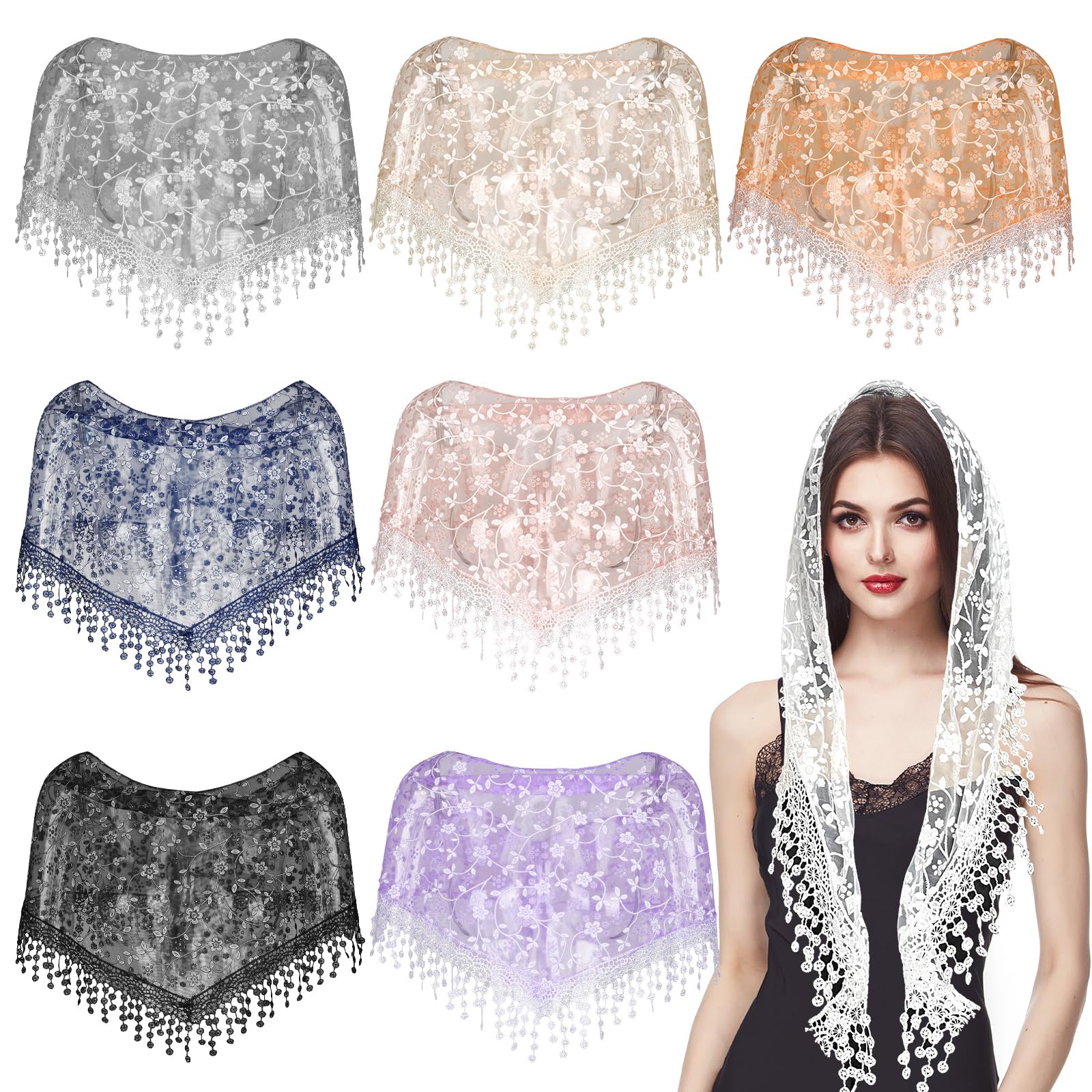 8 Pcs Triangle Lace Mantilla Veil Cathedral Head Covering Church Veil Floral with Tassel Chapel Veil for Women