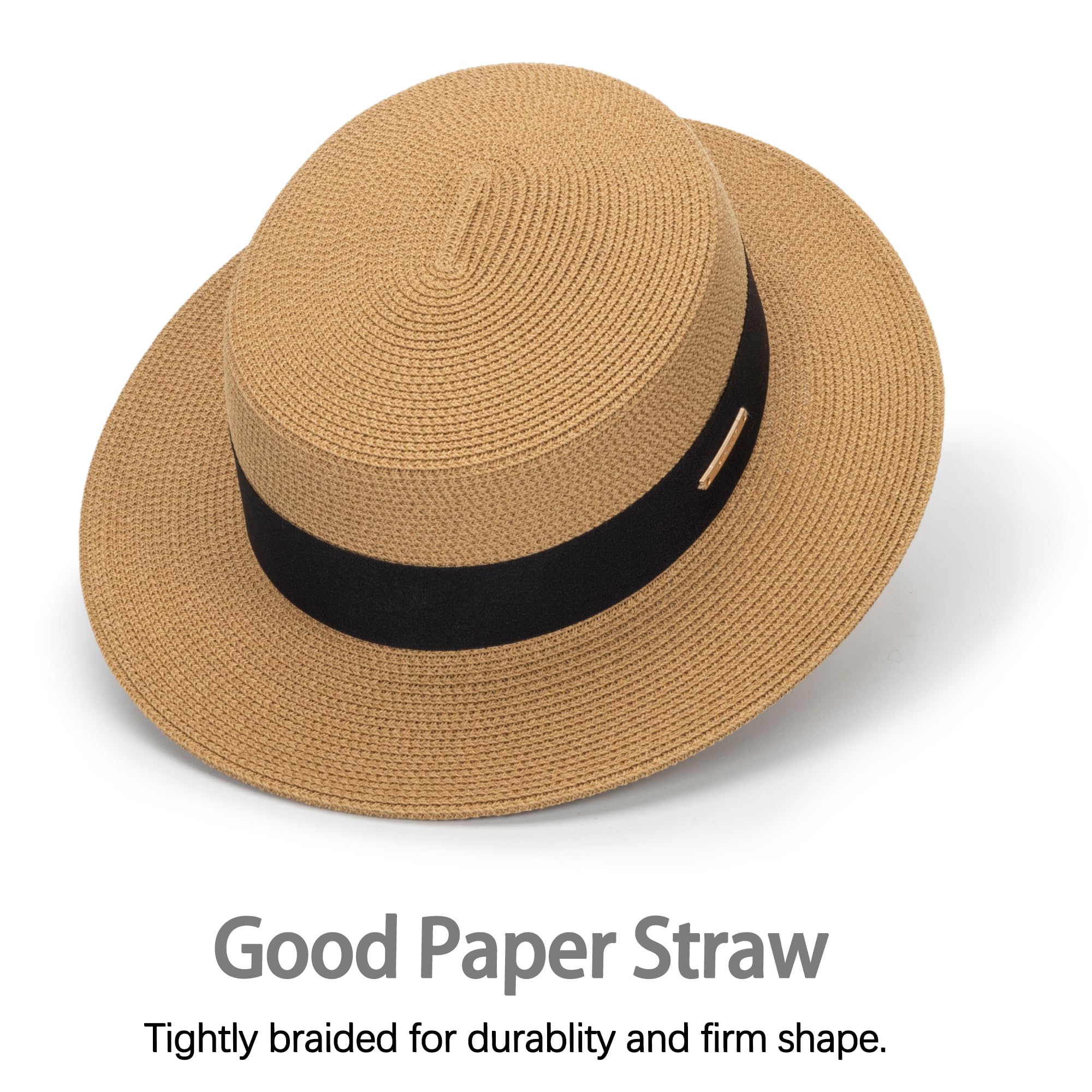 Straw Boater Summer Sun Hat - Wide Brim Fedora Panama Summer Beach Hat for Men Women(Size:Large)