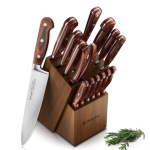 knife set, 15-pcs emojoy kitchen knife set with block, premium kitchen knives with heavy poultry shears, sharpener and 6pcs serrated steak knives