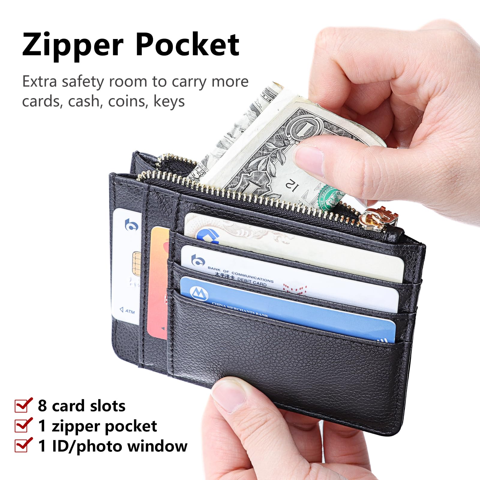 Teskyer Slim Wallet for Women, RFID Blocking Credit Card Holder Wallet with Zipper Pocket and Easy to Attach Keychain - Lichee Black