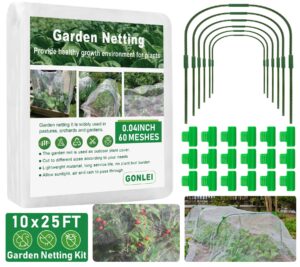 gonlei 10x25ft garden mesh netting kit raised beds (6 pcs garden hoops & 18 clips) garden hoops plant row covers netting protection berry bush trees grass seed barrier net