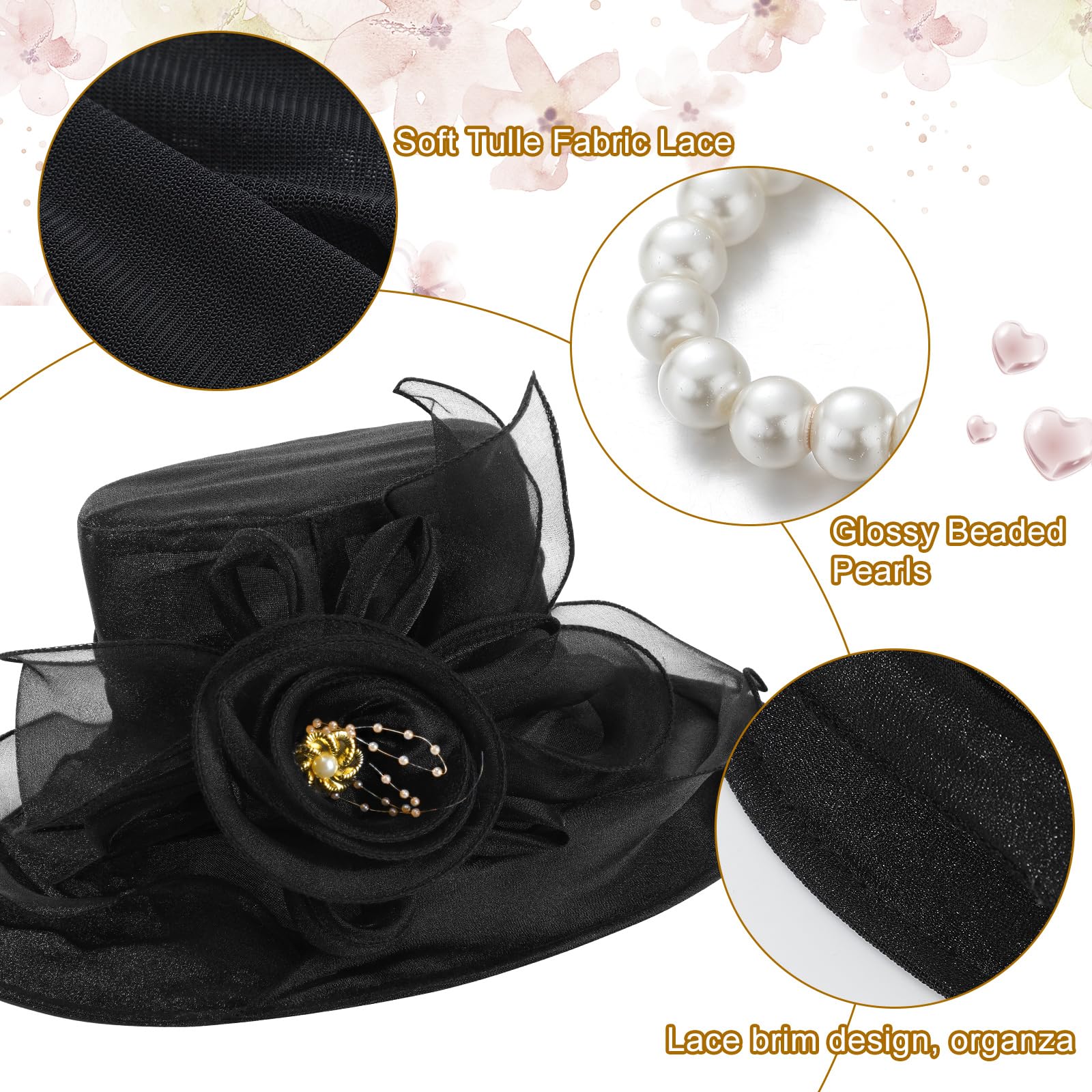 Aurelema 5 Pcs Derby Fascinator Hat for Women Tea Party Hat and Gloves Set Wide Brim Hat Pearl Necklace Bracelet and Earring(Black)