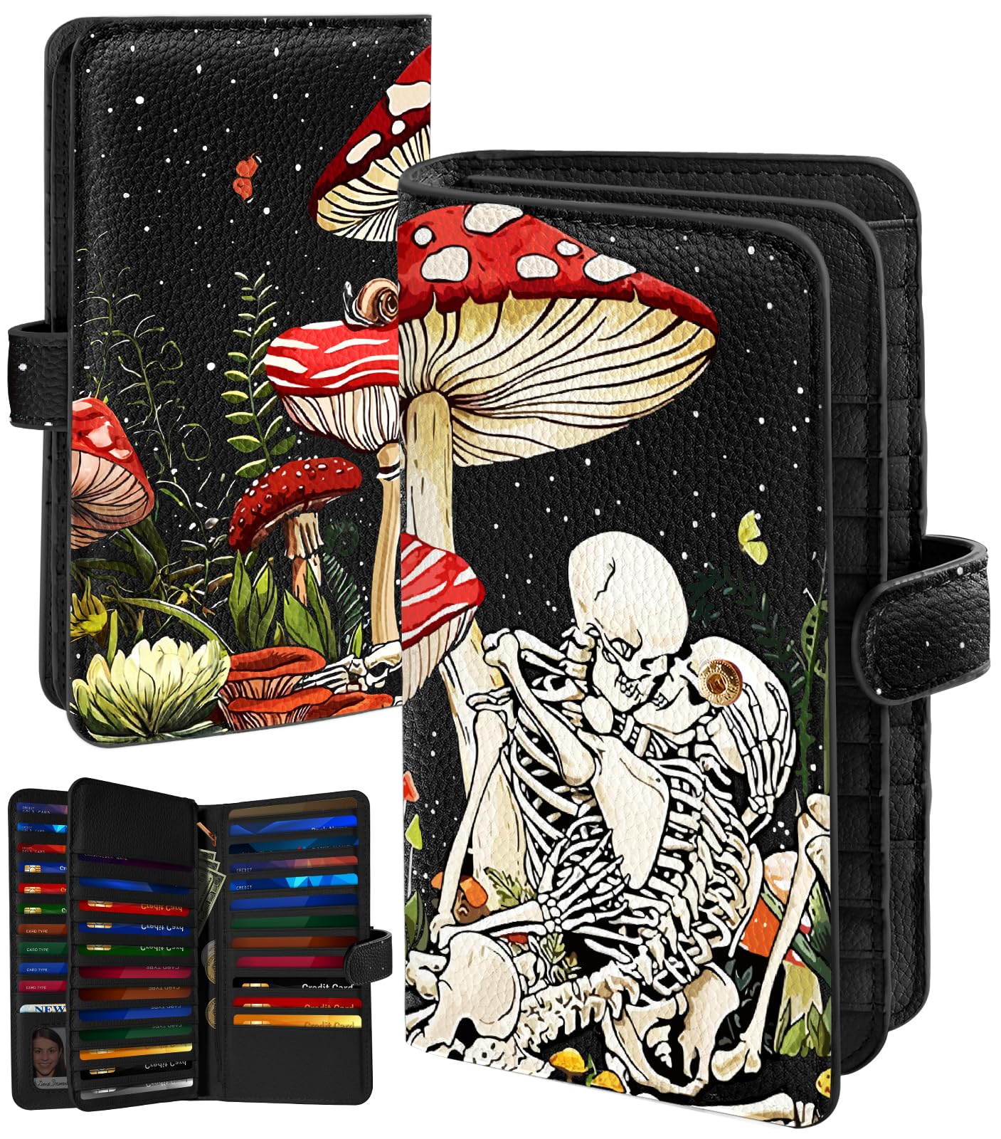 Bistup 【46 Slots Credit Card Holder for Women Ladies Female Teen Girls Rfid Genuine Leather Cardholder Large Capacity Size Big Billfold Wallets Skeleton Mushroom Cute Girly Aesthetic Print Unique