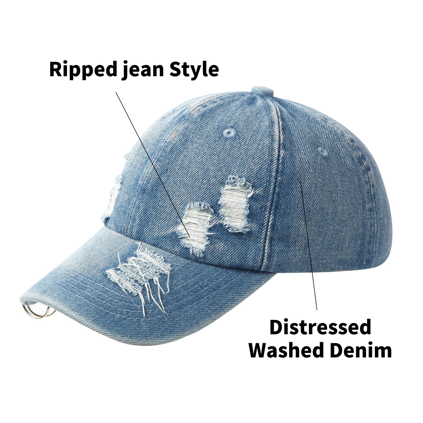 Vintage Distressed Jean Hat, Light Acid Washed Denim, Ripped Baseball Cap, Adjustable Clip for Universal Fit