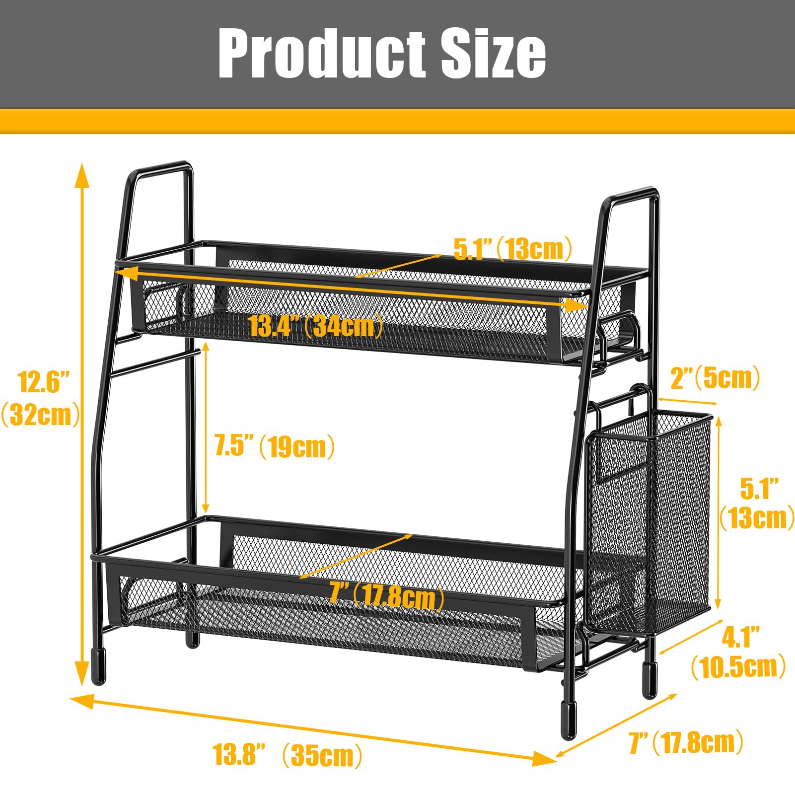 Famhap Bathroom Counter Organizer, Bathroom Organizer Countertop with Side Basket, Kitchen Countertop Organizer, Metal Spice Rack Organizer, Black 13.8"x7"x12.6"