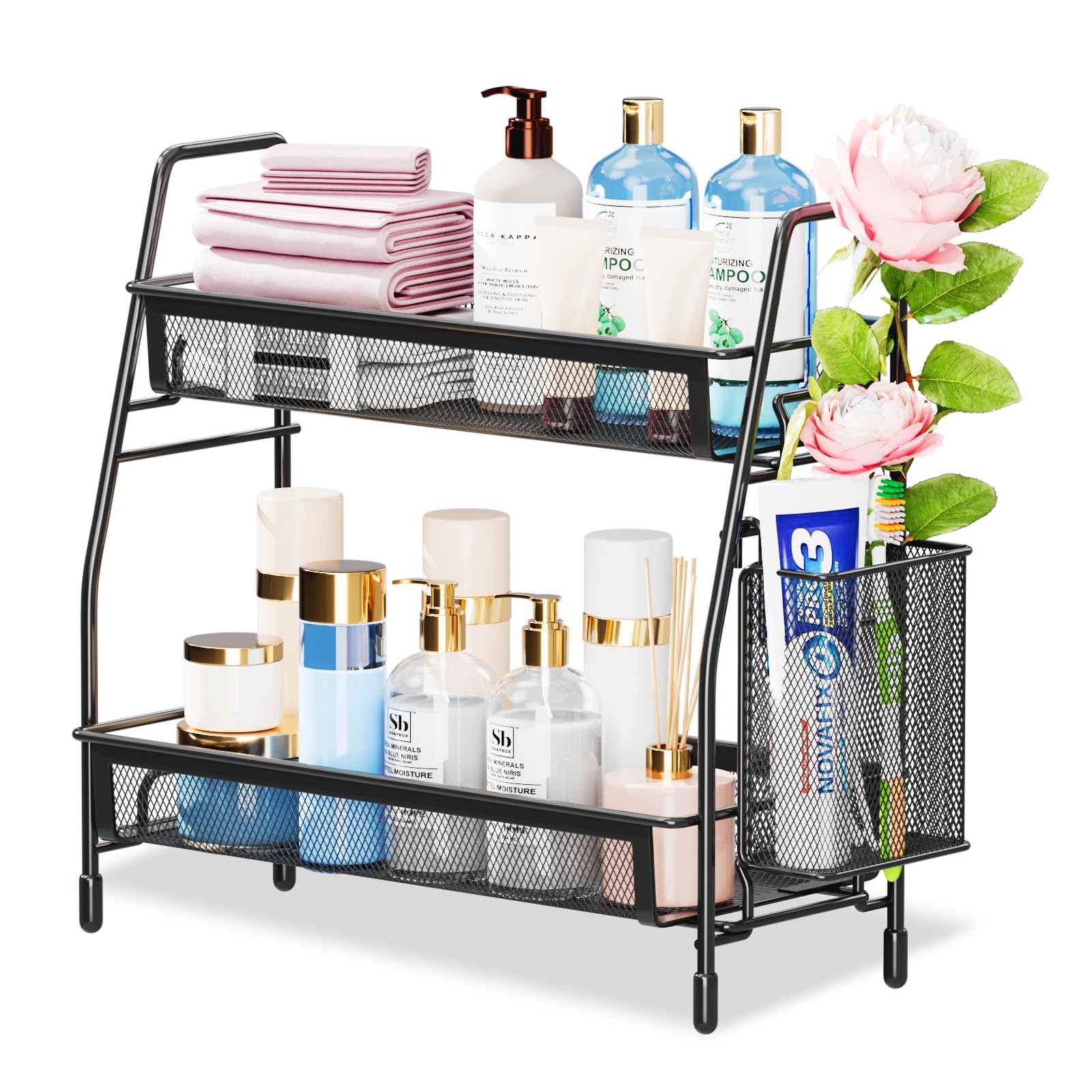 Famhap Bathroom Counter Organizer, Bathroom Organizer Countertop with Side Basket, Kitchen Countertop Organizer, Metal Spice Rack Organizer, Black 13.8"x7"x12.6"