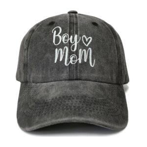 Shenbors Embroidered Boy's Mom Hat for Women, Washed Black Baseball Cap, Gift for Mama Mother, Embroidery Adjustable Snapback Trucker Hat