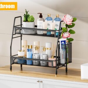 Famhap Bathroom Counter Organizer, Bathroom Organizer Countertop with Side Basket, Kitchen Countertop Organizer, Metal Spice Rack Organizer, Black 13.8"x7"x12.6"