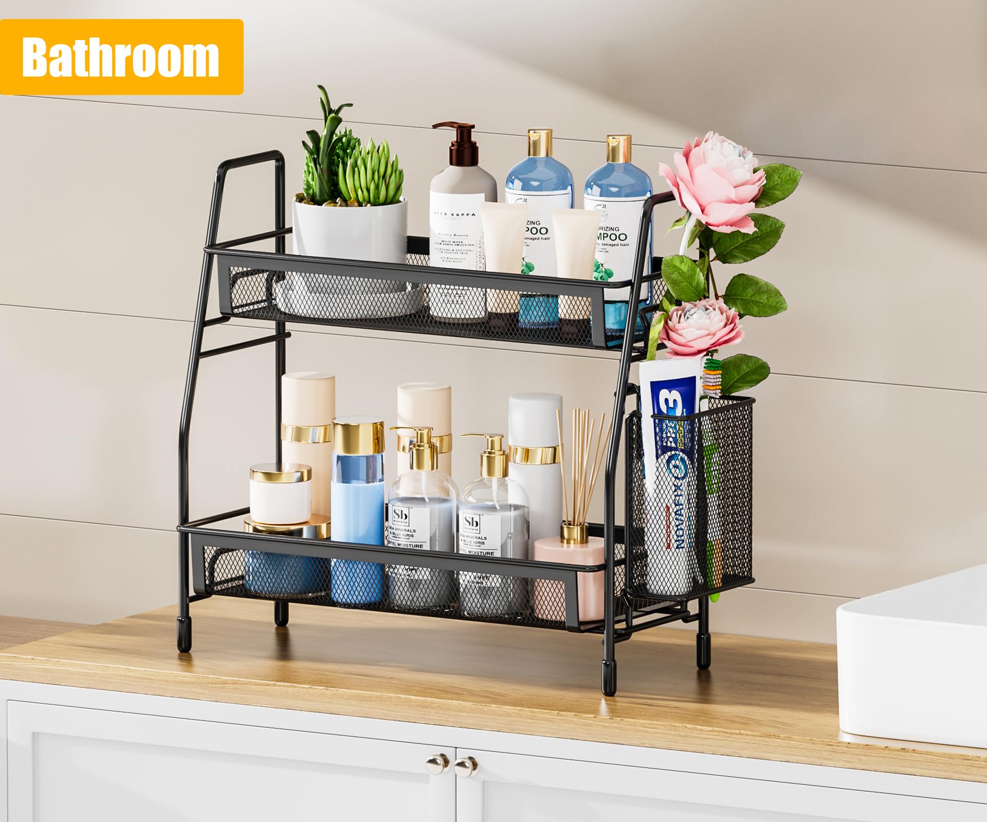 Famhap Bathroom Counter Organizer, Bathroom Organizer Countertop with Side Basket, Kitchen Countertop Organizer, Metal Spice Rack Organizer, Black 13.8"x7"x12.6"