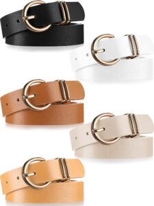 breathffy 5 pcs women leather belts for jeans pants dresses fashion womens ladies belt with gold buckle, small to plus size (white+black+brown+khaki+beige, size m: fit waist size 31-36 inches)